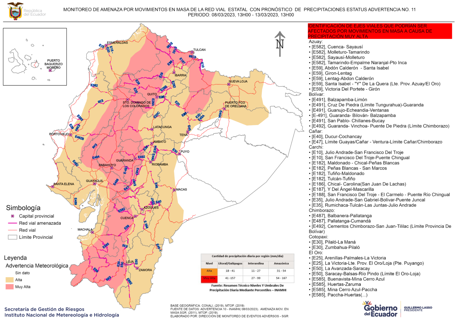 Mapa de monitoreo de movimientos de masa – Estatus advertencia – Secretaría de Gestión de Riesgos